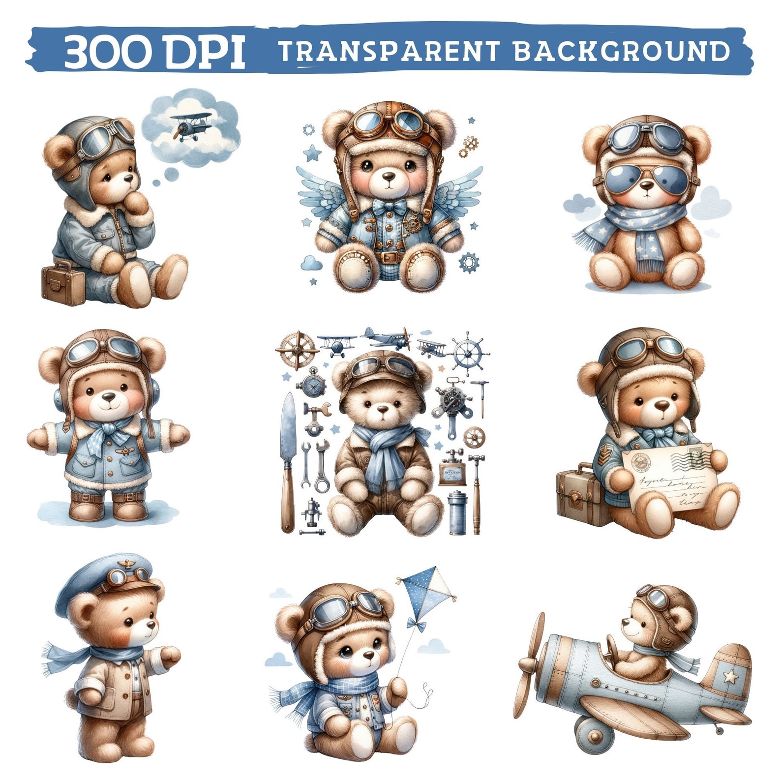 Watercolor Cute Aviator Bear Clipart, Boy Nursery Aircraft Helicopter ...