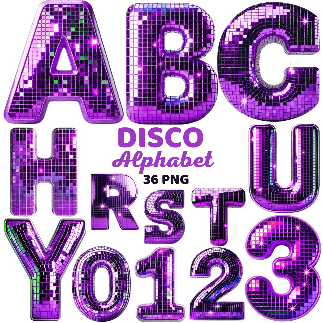 Retro Disco Alphabet Clipart, Purple Shiny Mirror Ball Letters ...