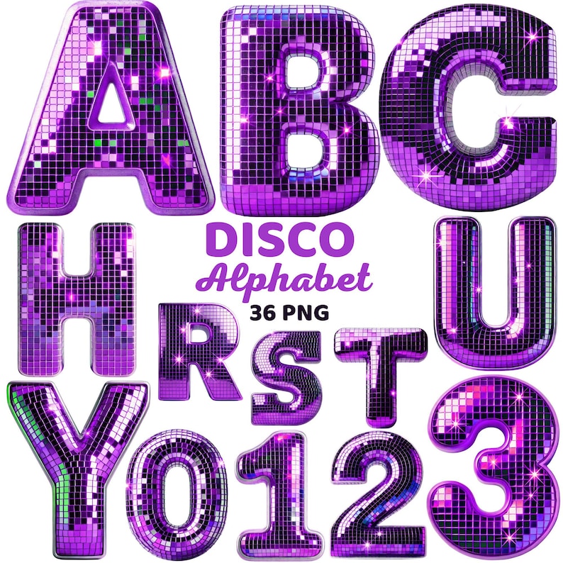 Retro Disco Alphabet Clipart, Purple Shiny Mirror Ball Letters ...