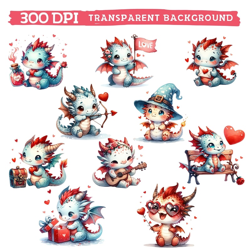 Watercolor Dragon Valentine Clipart Png, Kids Valentine Day, Valentine ...