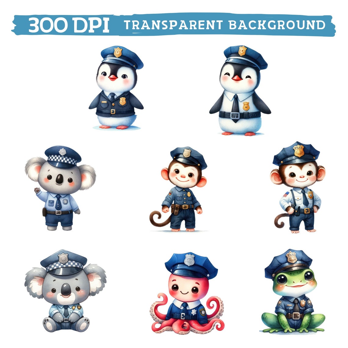 Police Animals Clipart, Watercolor Cute Law Enforcement Critters ...