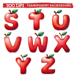 Apple Fruit Alphabet Clipart, Watercolor Red Fruit Letters and Numbers ...