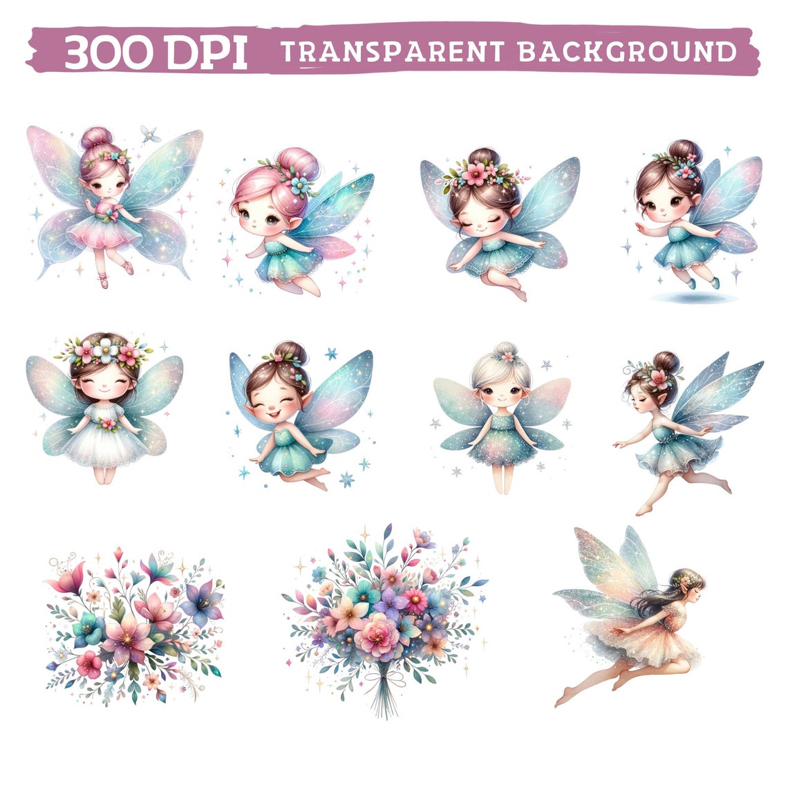 Watercolor Cute Fairy Clipart, Magical Fairy Garden House Flowers ...