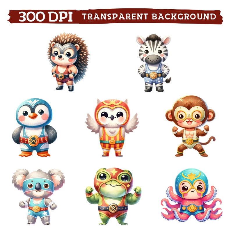 Wrestling Animals Clipart, Watercolor Cute Cartoon Sports Nursery ...