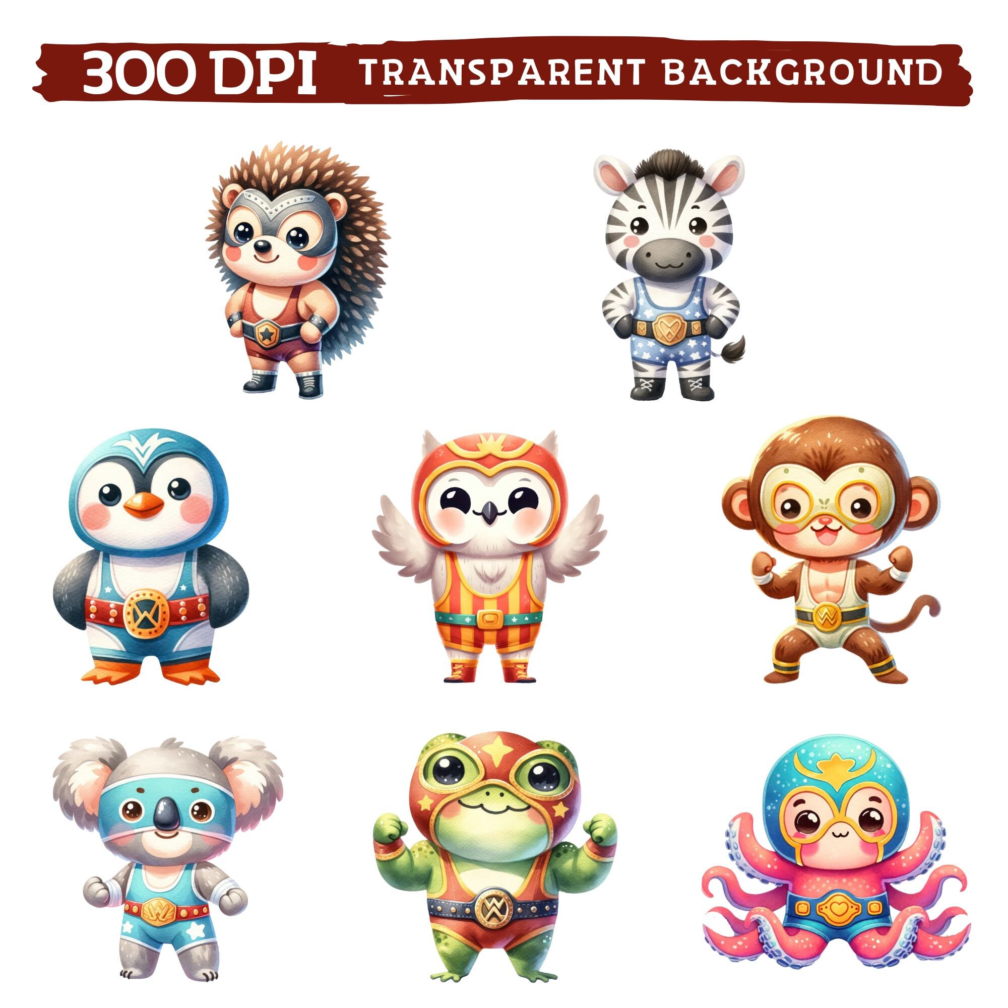 Wrestling Animals Clipart, Watercolor Cute Cartoon Sports Nursery ...
