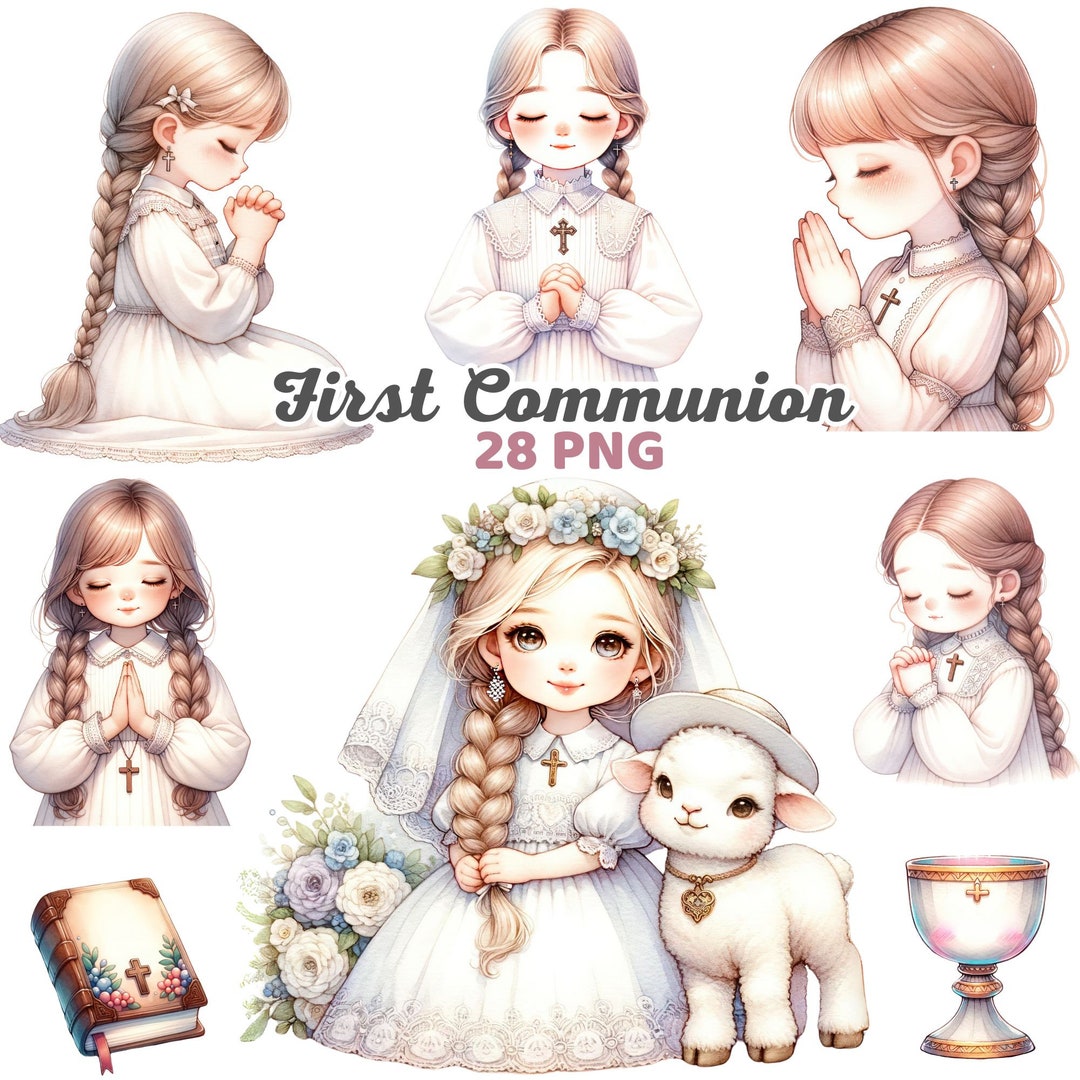 Cute First Communion Clipart, Watercolor Girl Praying, Lamb, Girl ...