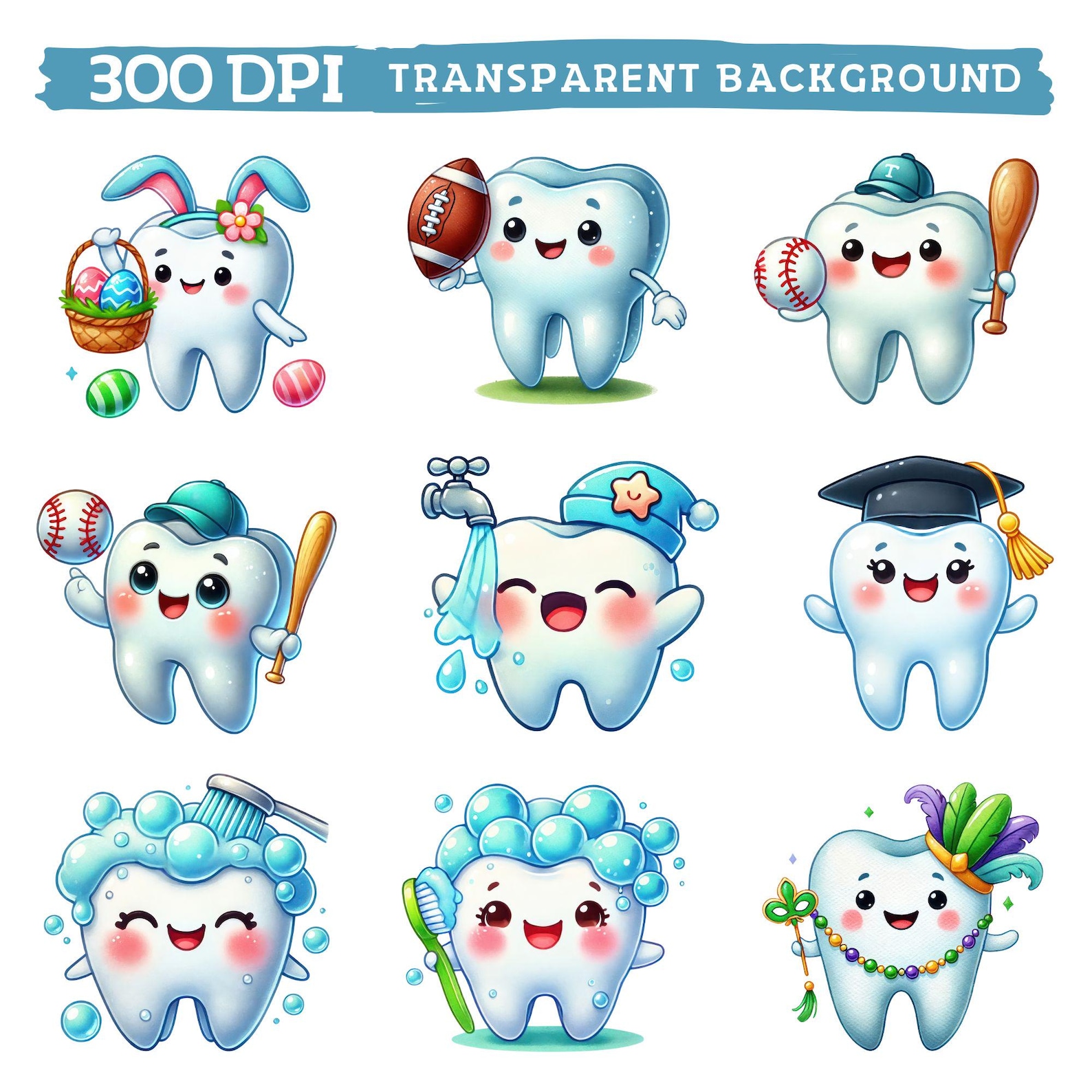 Cute Tooth Clipart, Watercolor Teeth Nursery, Dental and Hygiene ...