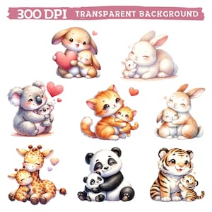 Watercolor Cute Mama and Baby Animals Clipart, Woodland Animal Nursery ...