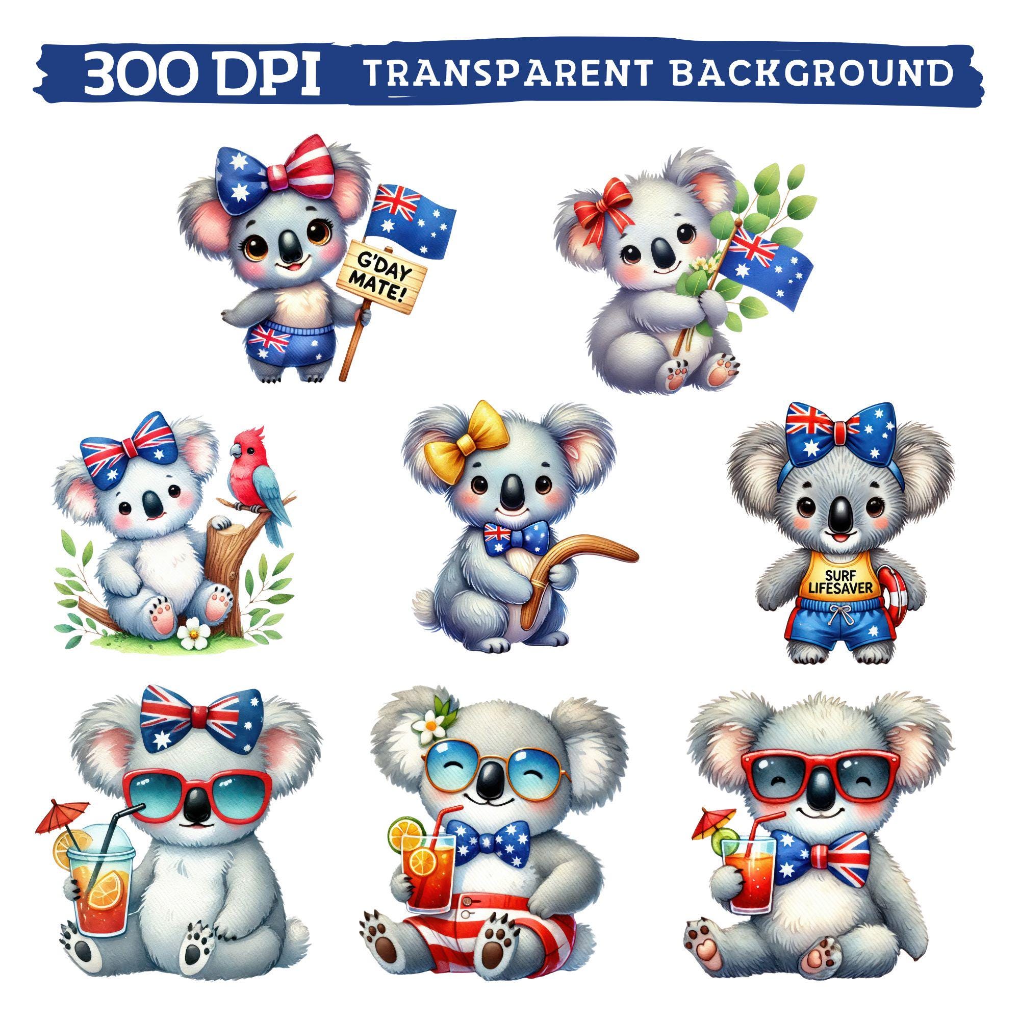 Koala Australia Day Clipart, Watercolor Cute Aussie Animal, Festive ...