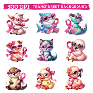 Cute Breast Cancer Awareness Animals Clipart, Watercolor Pink Ribbon ...