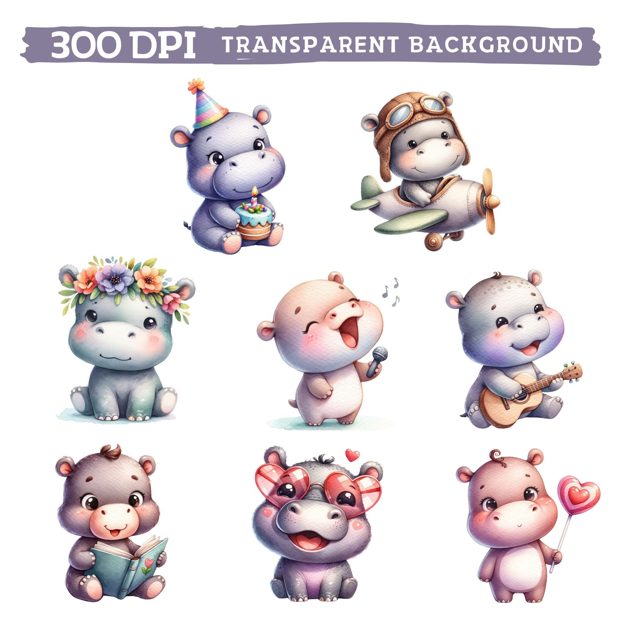 Cute Hippo Clipart, Watercolor Hippo Nursery Decor, Safari Birthday ...