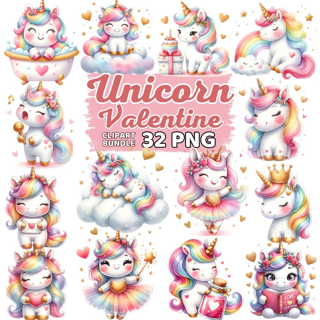 Watercolor Cute Unicorn Valentine Clipart, Romantic Valentine's Day ...