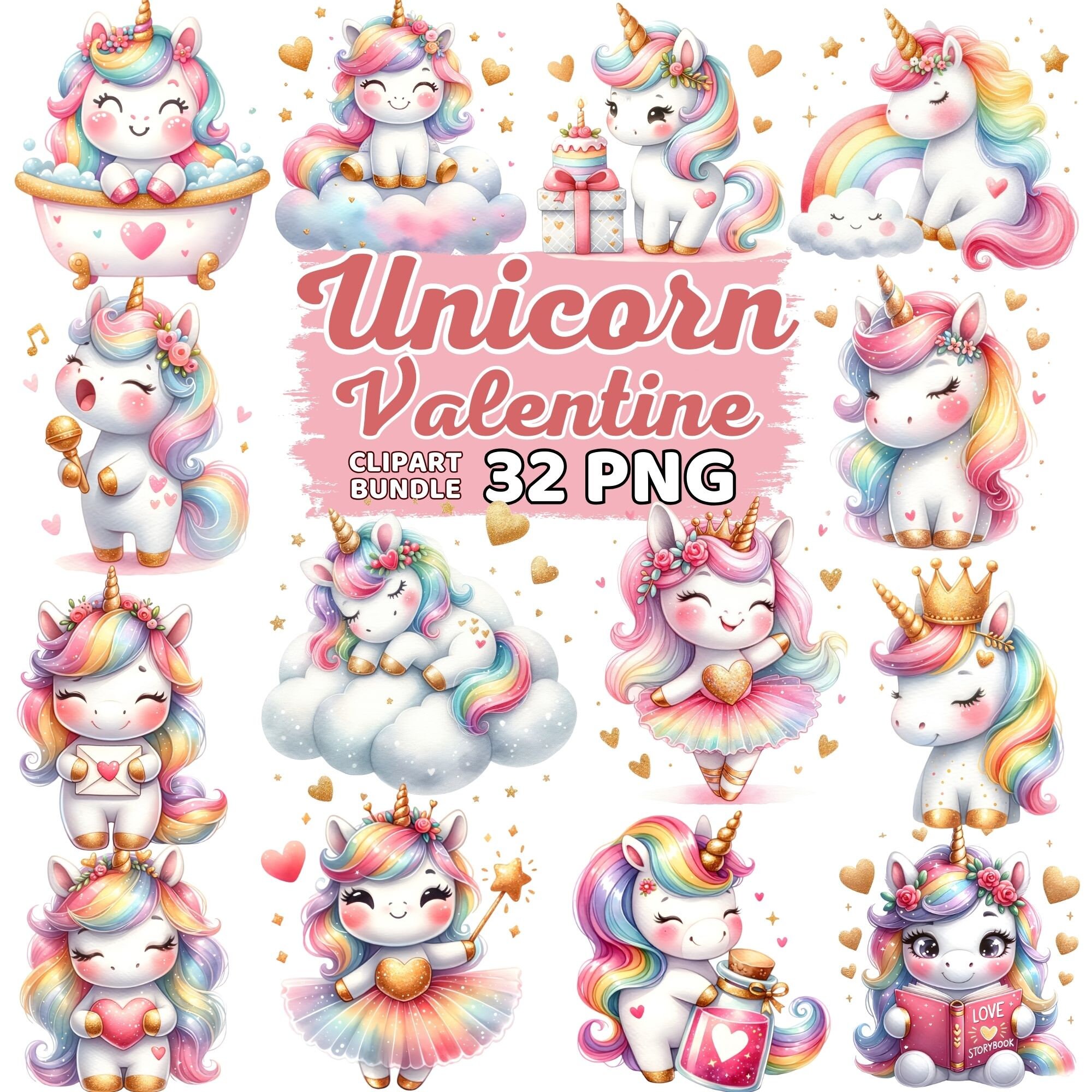 Watercolor Cute Unicorn Valentine Clipart, Romantic Valentine's Day ...