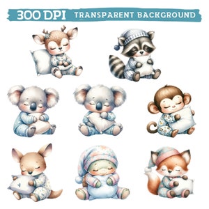 Watercolor Cute Sleepy Animals Clipart, Sleeping Baby Animal Pajamas ...
