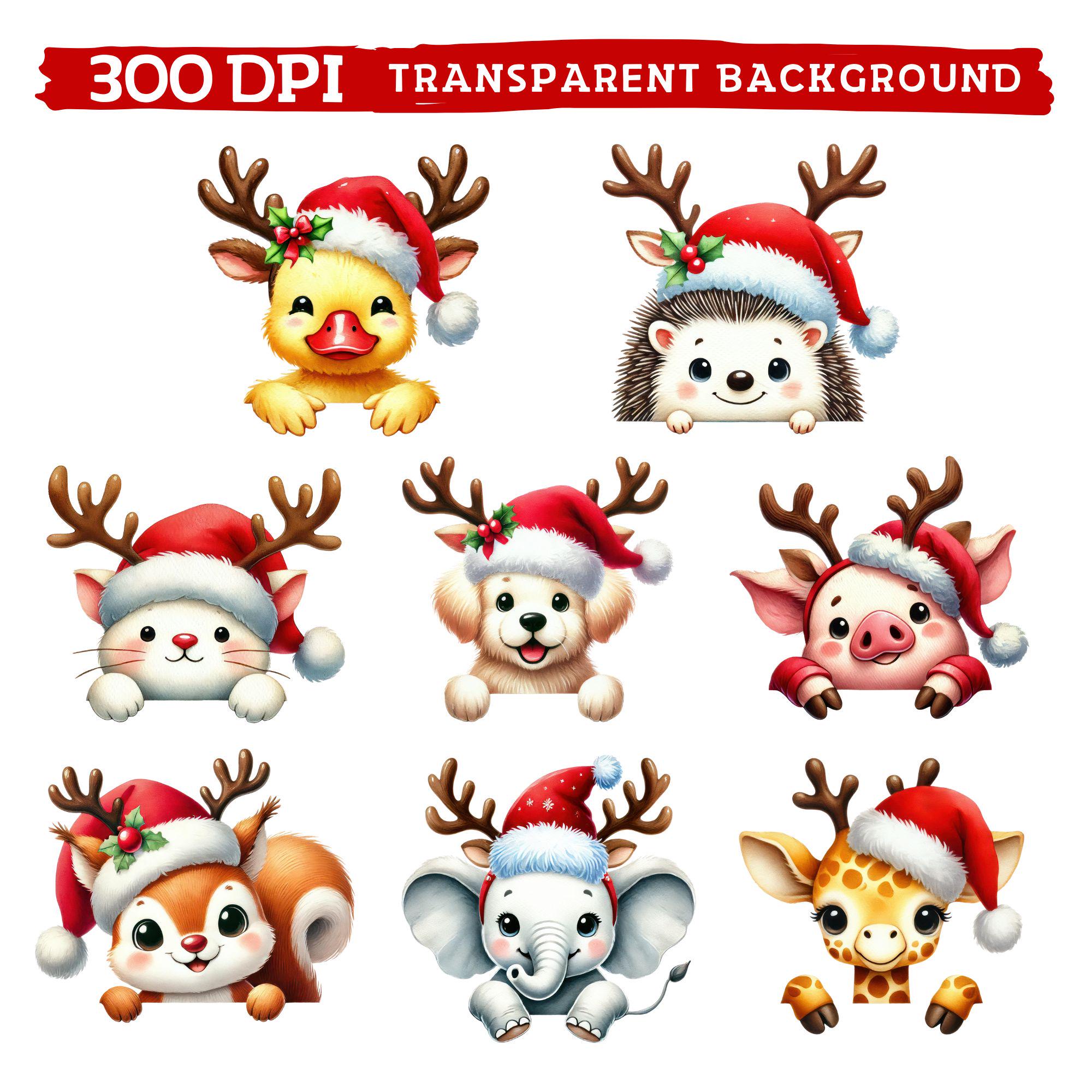 Peeking Christmas Animals Clipart, Watercolor Cute Holiday Animal Face ...