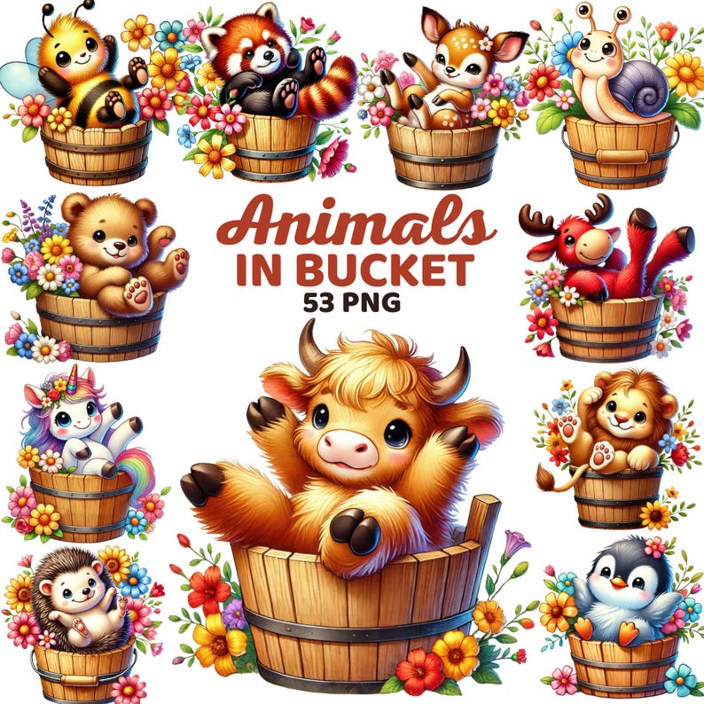 Cute Animals in Bucket Clipart, Watercolor Woodland Jungle Baby Animal ...