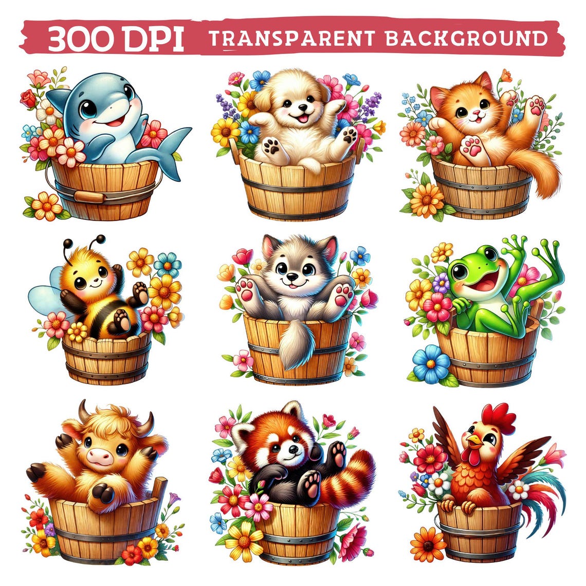 Cute Animals in Bucket Clipart, Watercolor Woodland Jungle Baby Animal ...