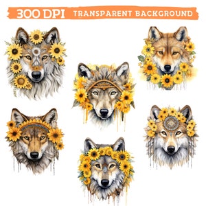 Watercolor Boho Wolf Sunflower Florals Clipart, Mystic Wolf Face Flower ...