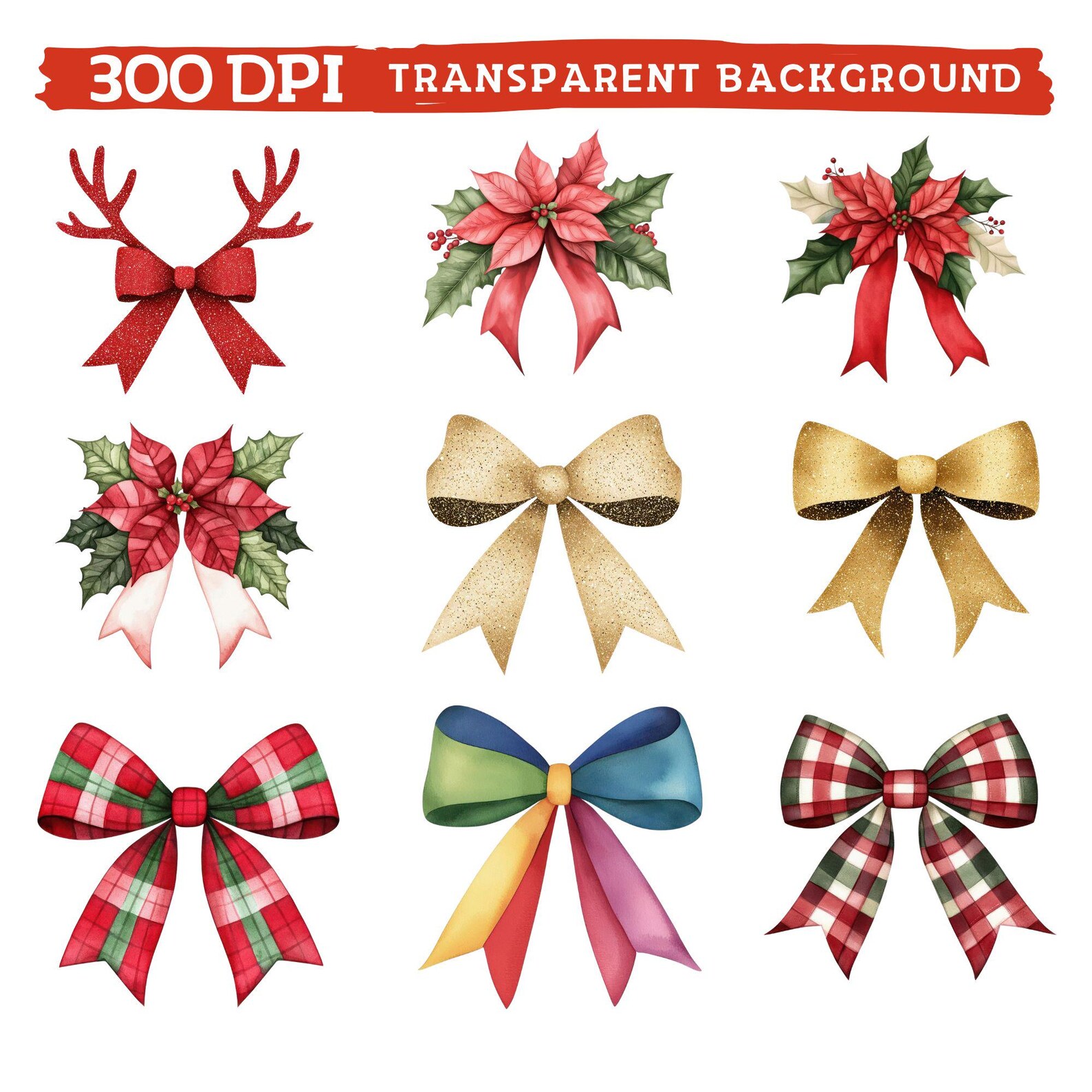 Christmas Coquette Bow Clipart, Watercolor Festive Holiday Bows ...