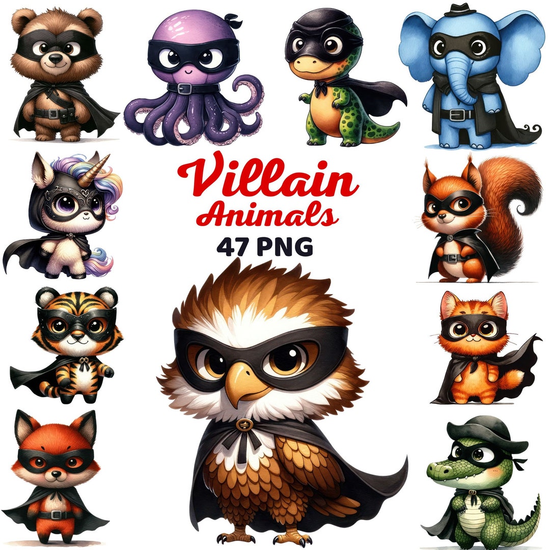 Cute Villain Animals Clipart, Watercolor Baby Animal Nursery, Fantasy ...