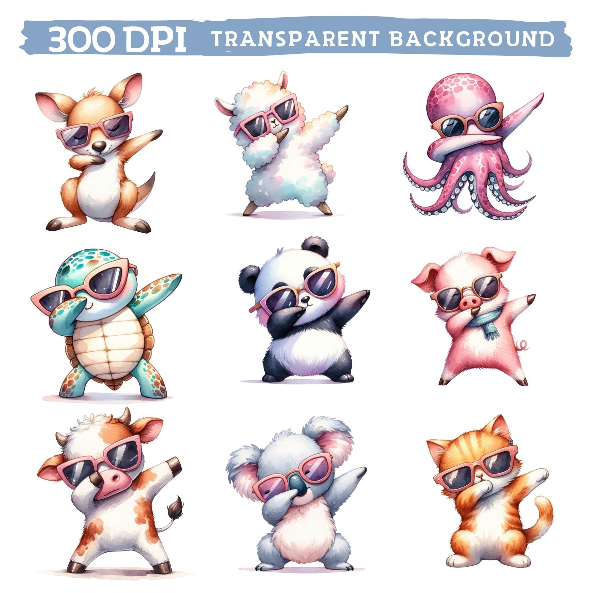 Watercolor Cute Dabbing Animals Clipart, Dabbing Unicorn, T-rex, Dog ...