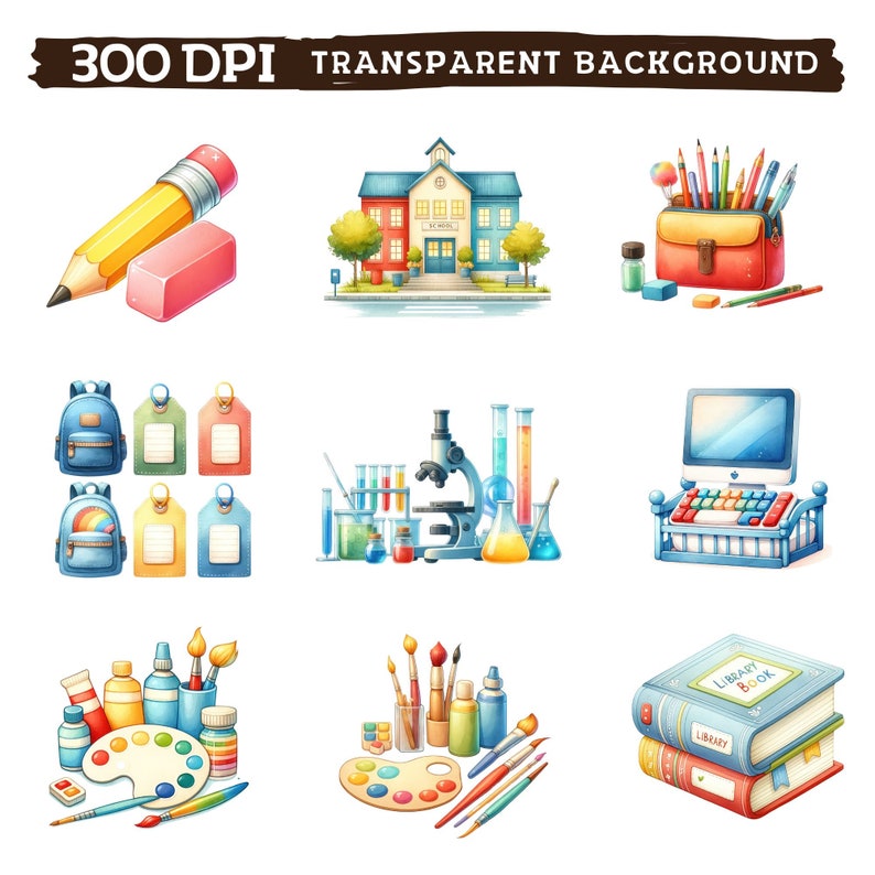 School Supplies Clipart, Watercolor Teacher Nursery, Books Globe ...