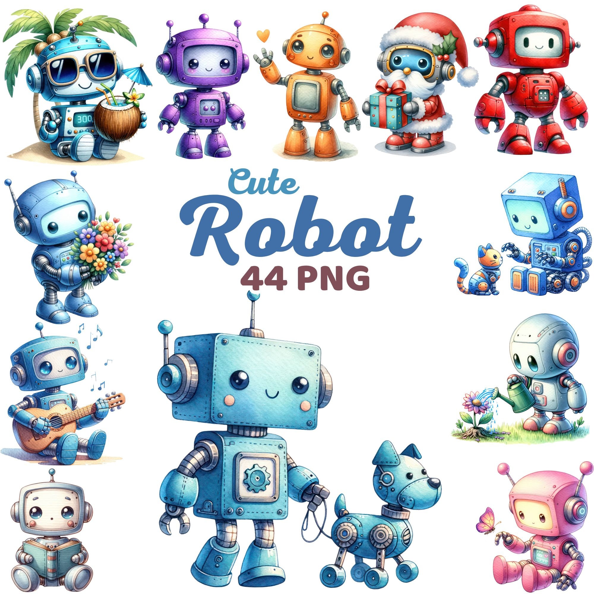 Cute Robot Clipart, Watercolor Whimsical Bot Illustrations Nursery ...
