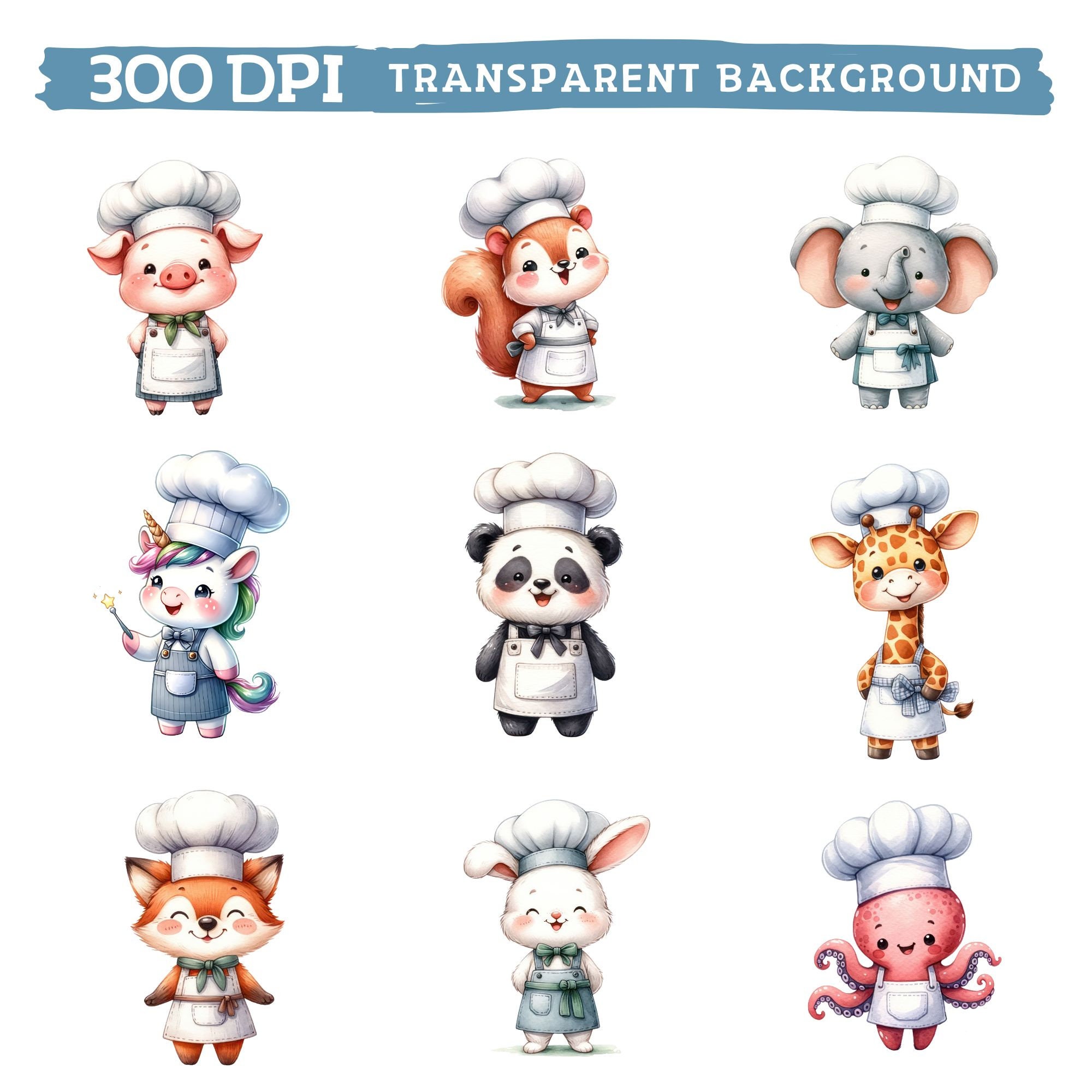 Watercolor Cute Chef Animals Clipart, Chef Animal Nursery, Chef Kitchen ...