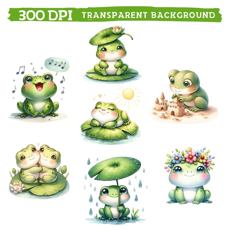 Watercolor Cute Frog Clipart, Green Frogs Nursery Summer Birthday, Frog ...
