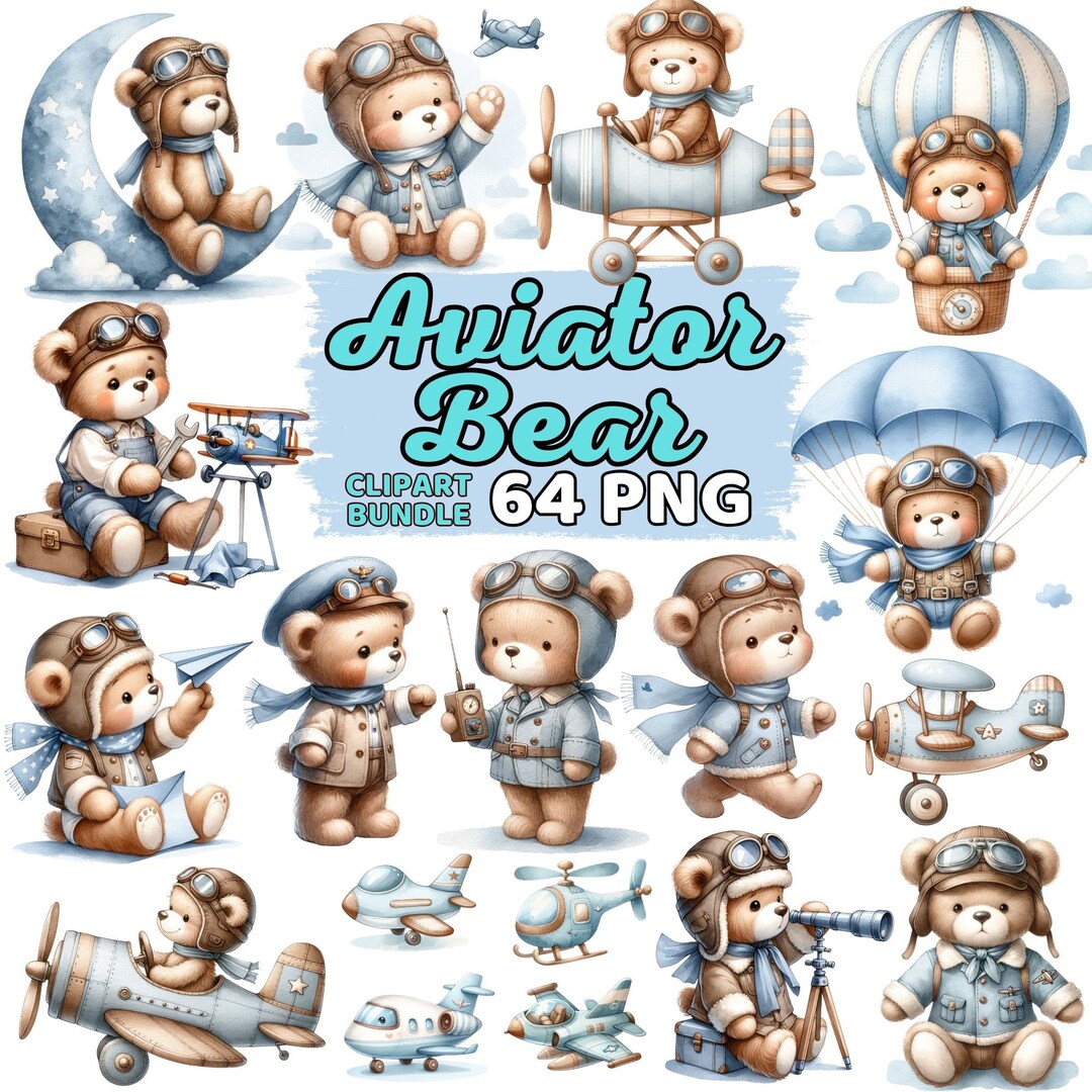 Watercolor Cute Aviator Bear Clipart, Boy Nursery Aircraft Helicopter ...