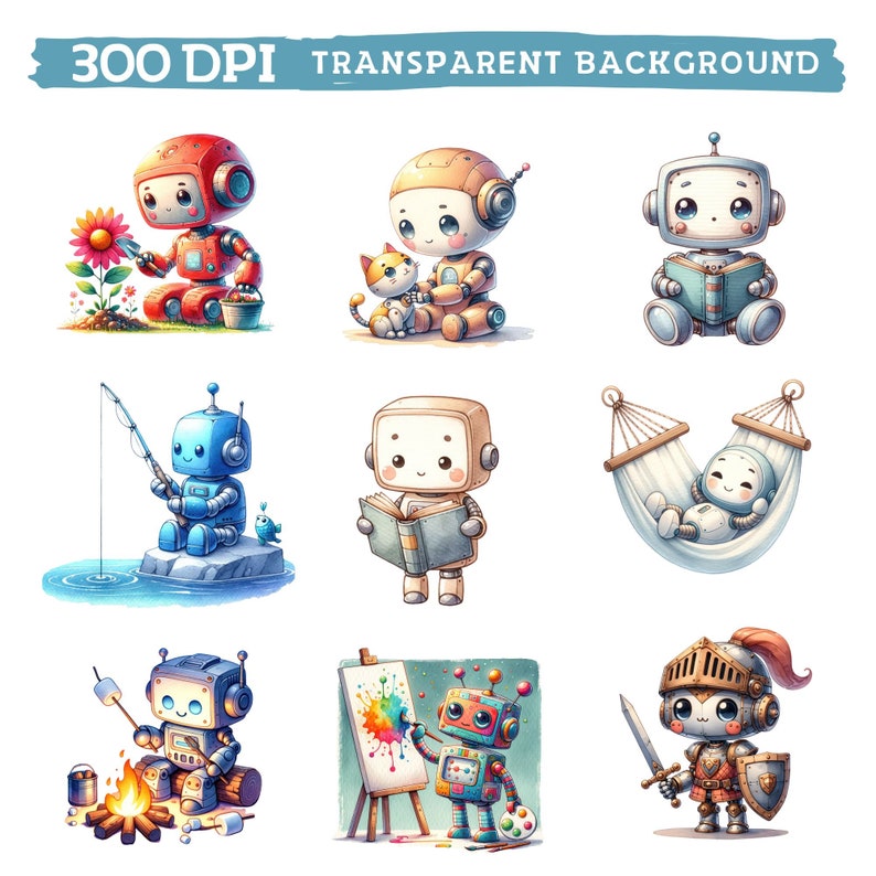 Cute Robot Clipart, Watercolor Whimsical Bot Illustrations Nursery ...