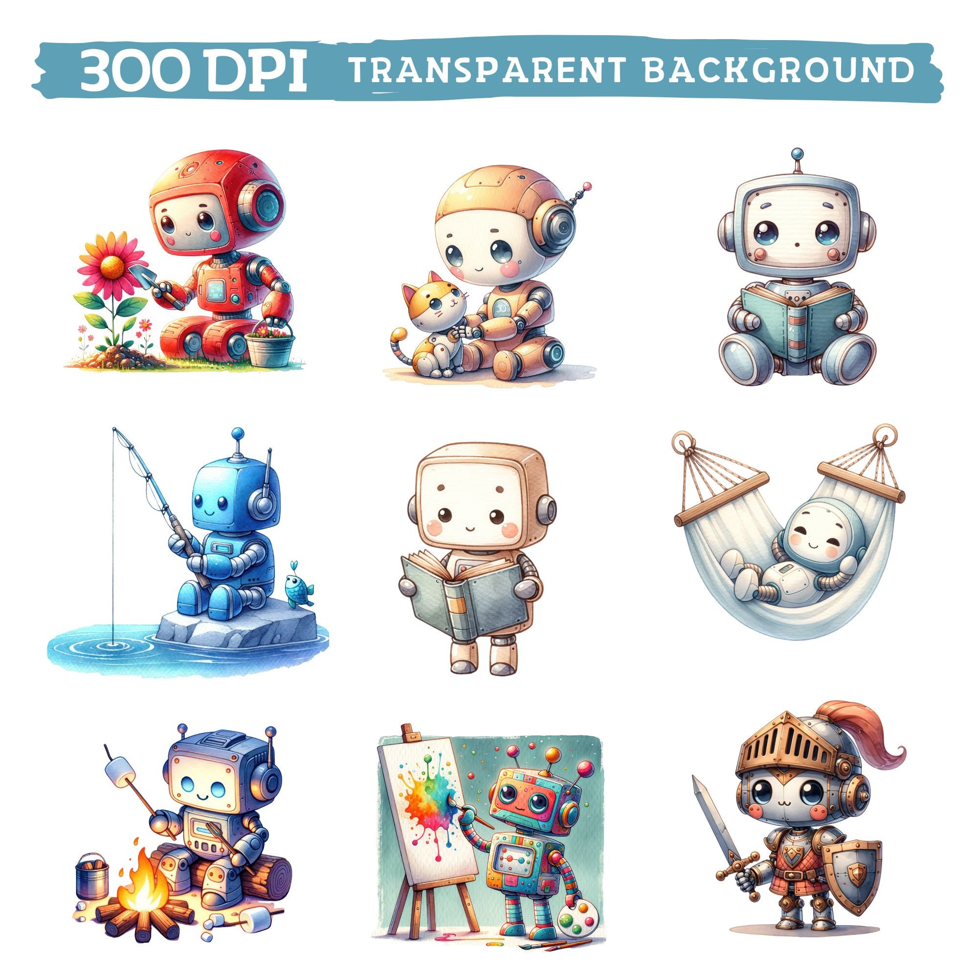 Cute Robot Clipart, Watercolor Whimsical Bot Illustrations Nursery ...