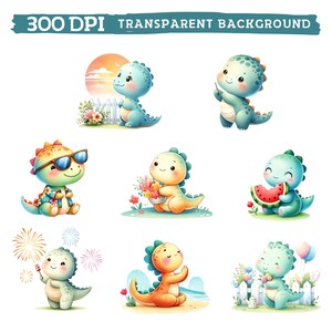 Watercolor Cute Dinosaur Clipart, Summer Beach Dinosaurs Nursery ...