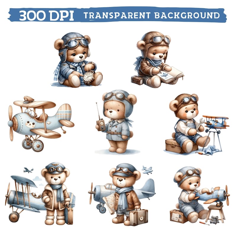 Watercolor Cute Aviator Bear Clipart, Boy Nursery Aircraft Helicopter ...