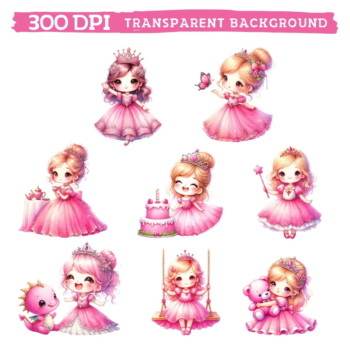 Watercolor Cute Princess Clipart, Little Princess Pink Ball Gown Party ...