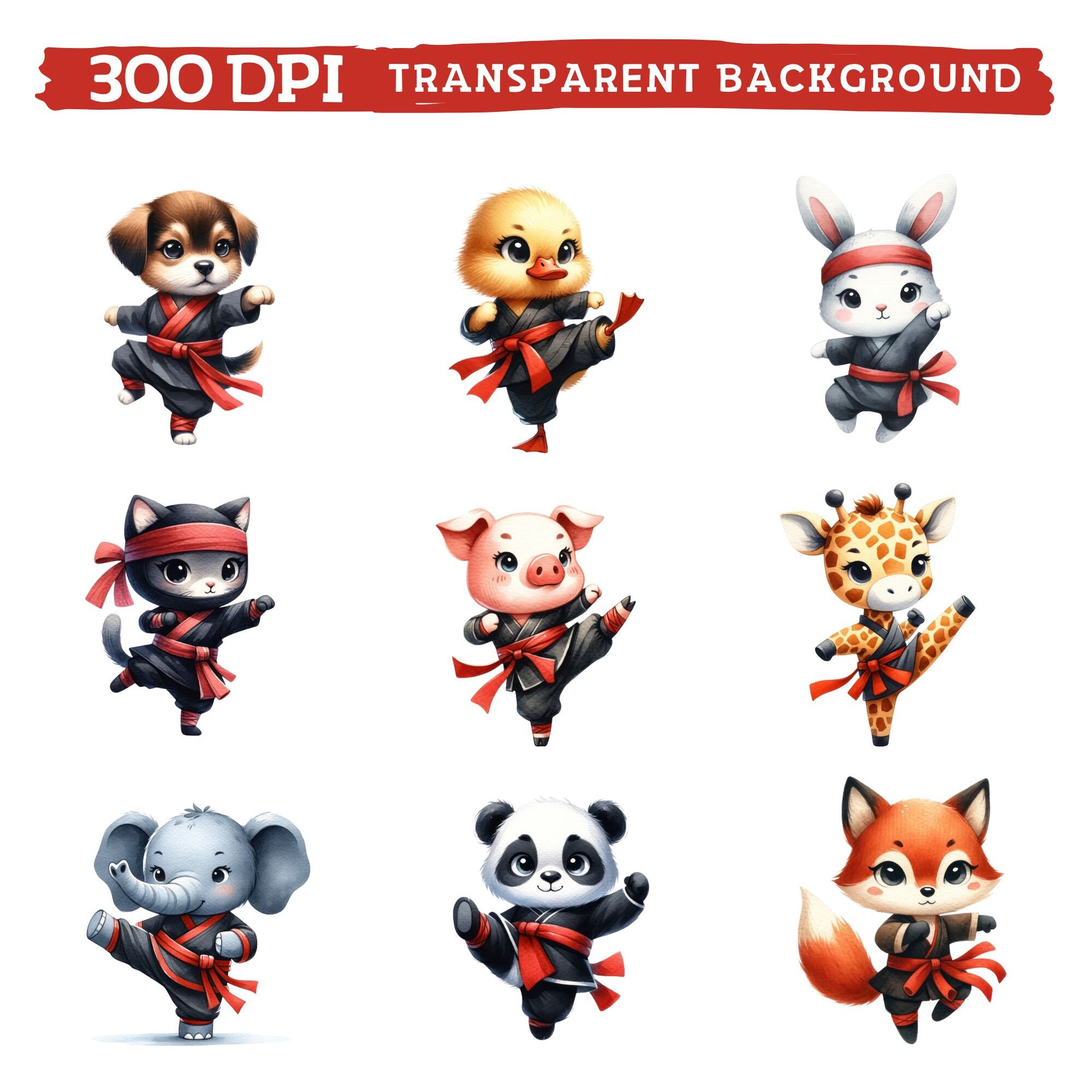 Watercolor Cute Ninja Animals Clipart, Ninja Animal Nursery, Ninja ...