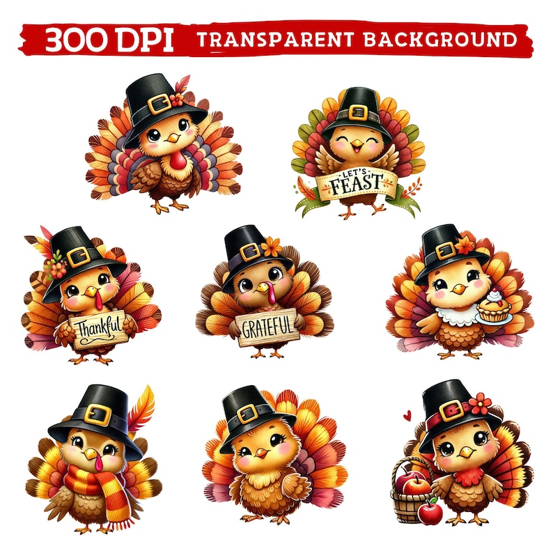 Thanksgiving Turkey Clipart, Watercolor Cute Fall Turkeys, Autumn ...