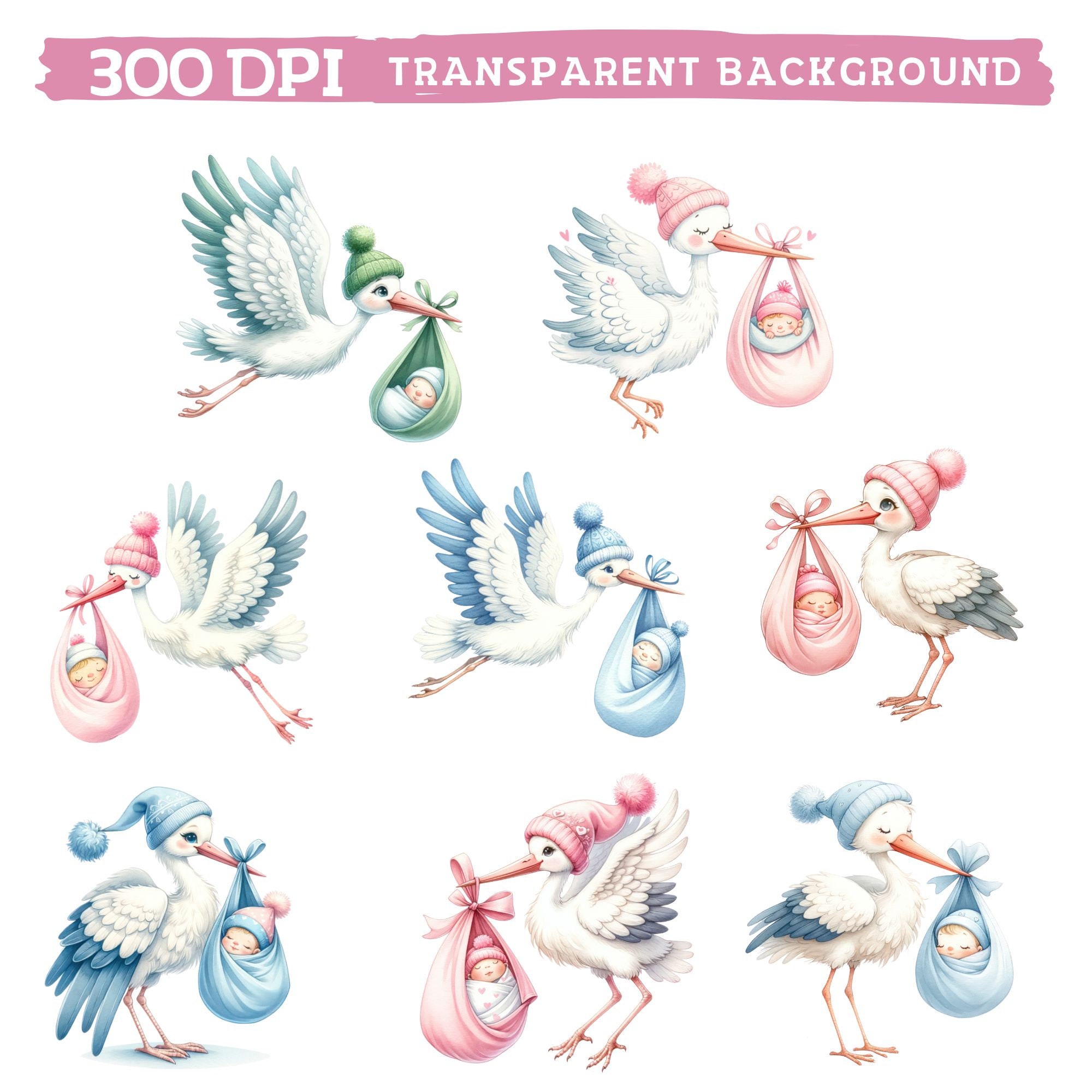 Watercolor Cute Stork Delivering Baby Clipart, Stork Baby Girl Boy ...