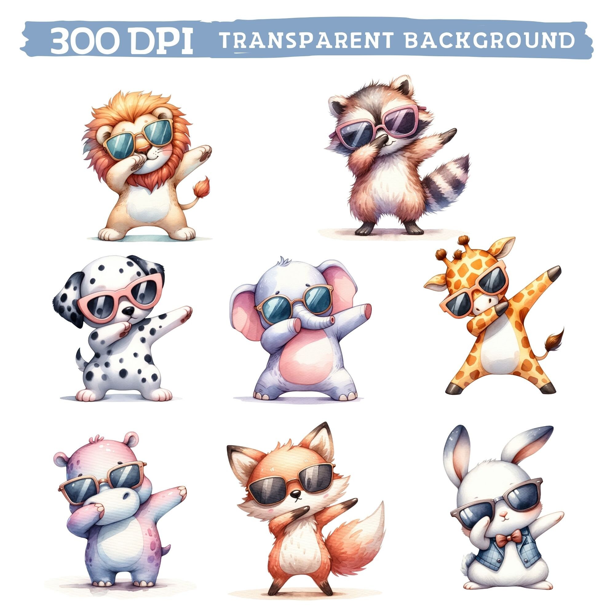 Watercolor Cute Dabbing Animals Clipart, Dabbing Unicorn, T-rex, Dog ...