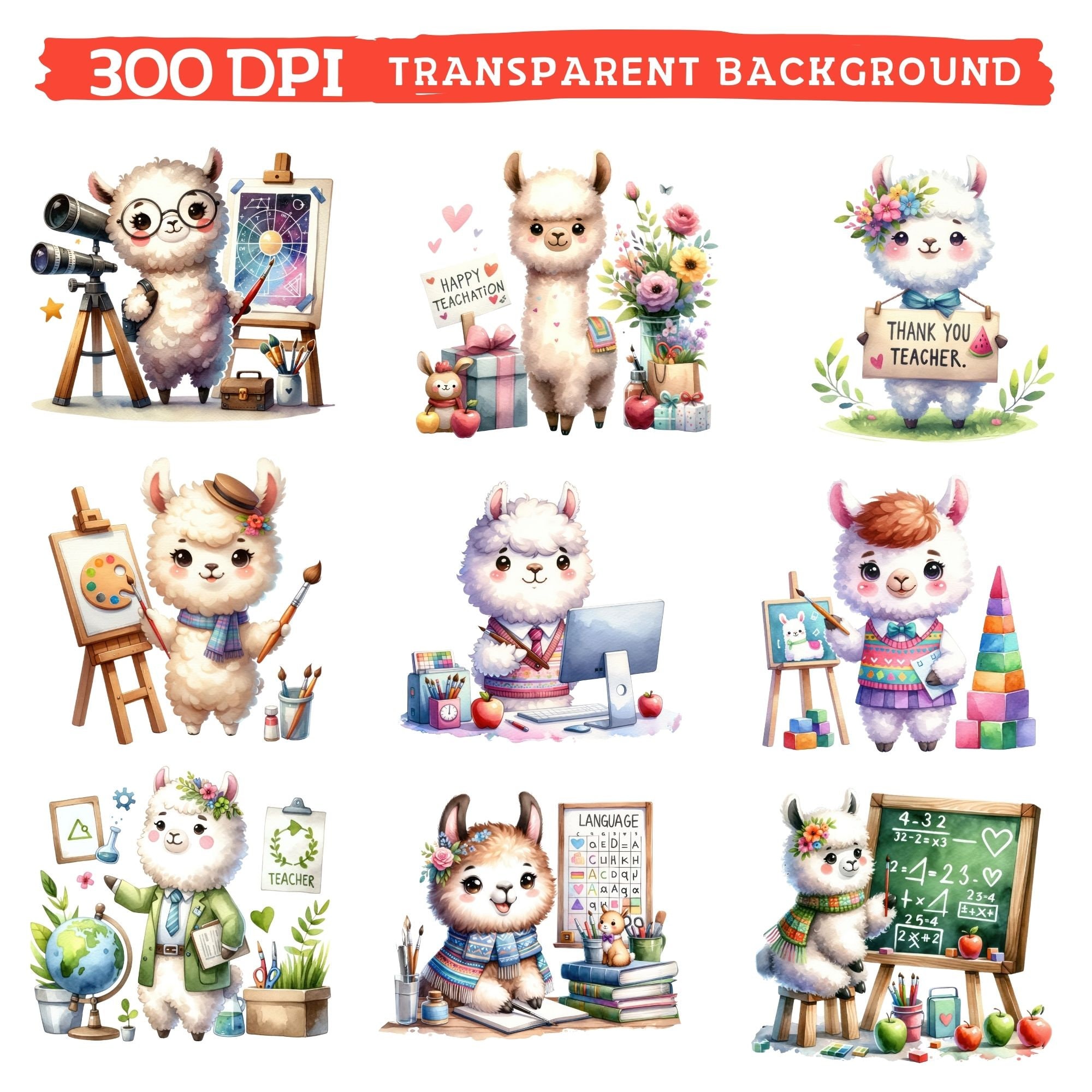 Watercolor Cute Llama Teacher Clipart, Student Teacher Nursery ...