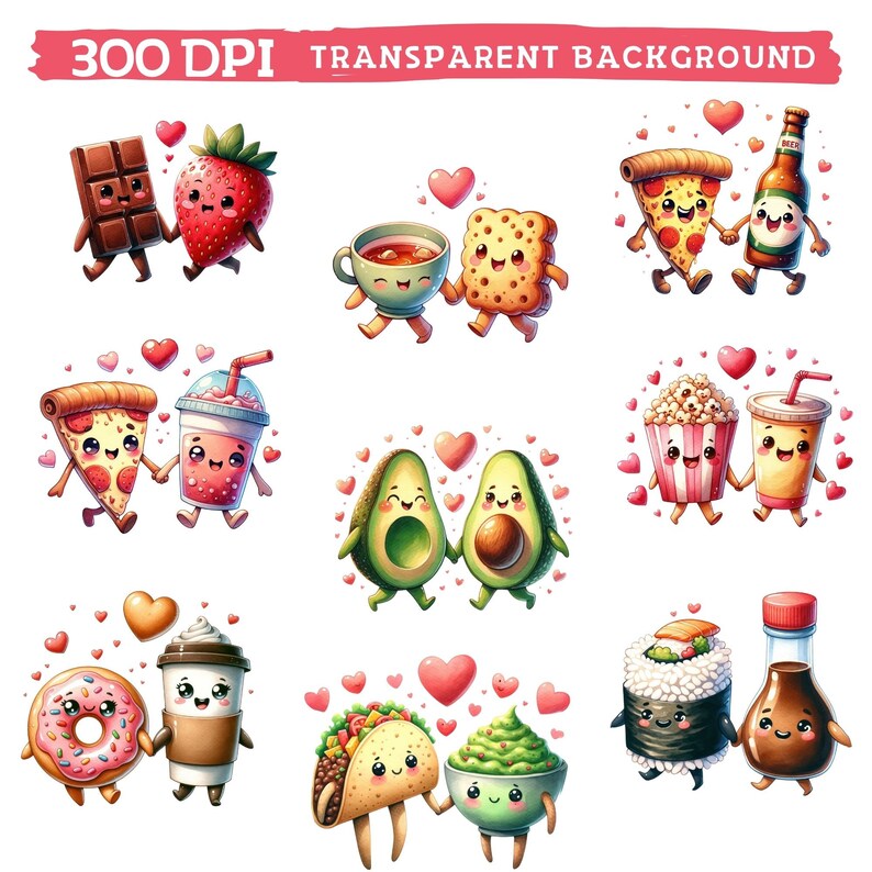 Watercolor Cute Kawaii Perfect Pair Food Valentine Clipart, Hamburger ...