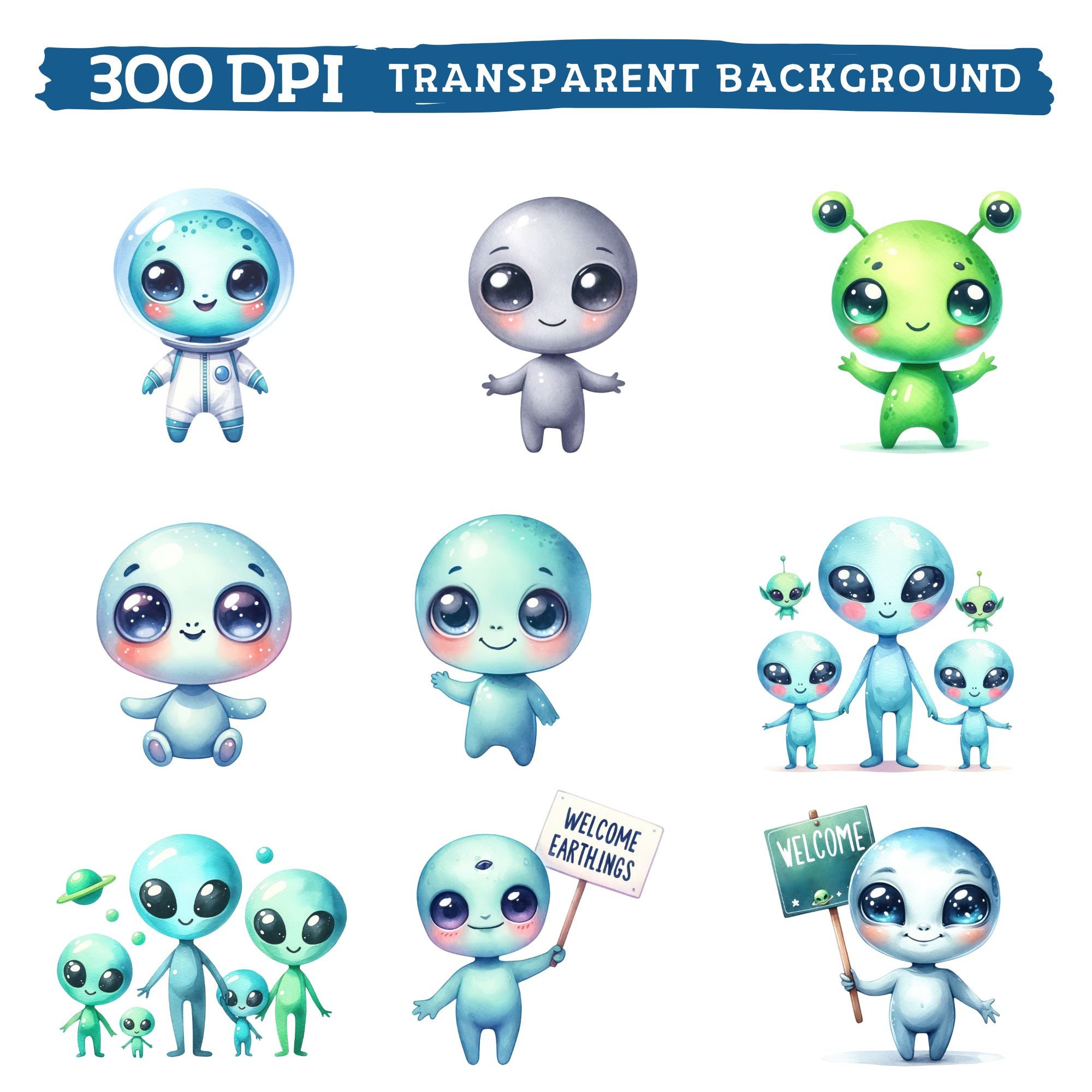 Cute Alien Clipart, Watercolor Adorable Alien, Sci-fi Nursery Decor ...