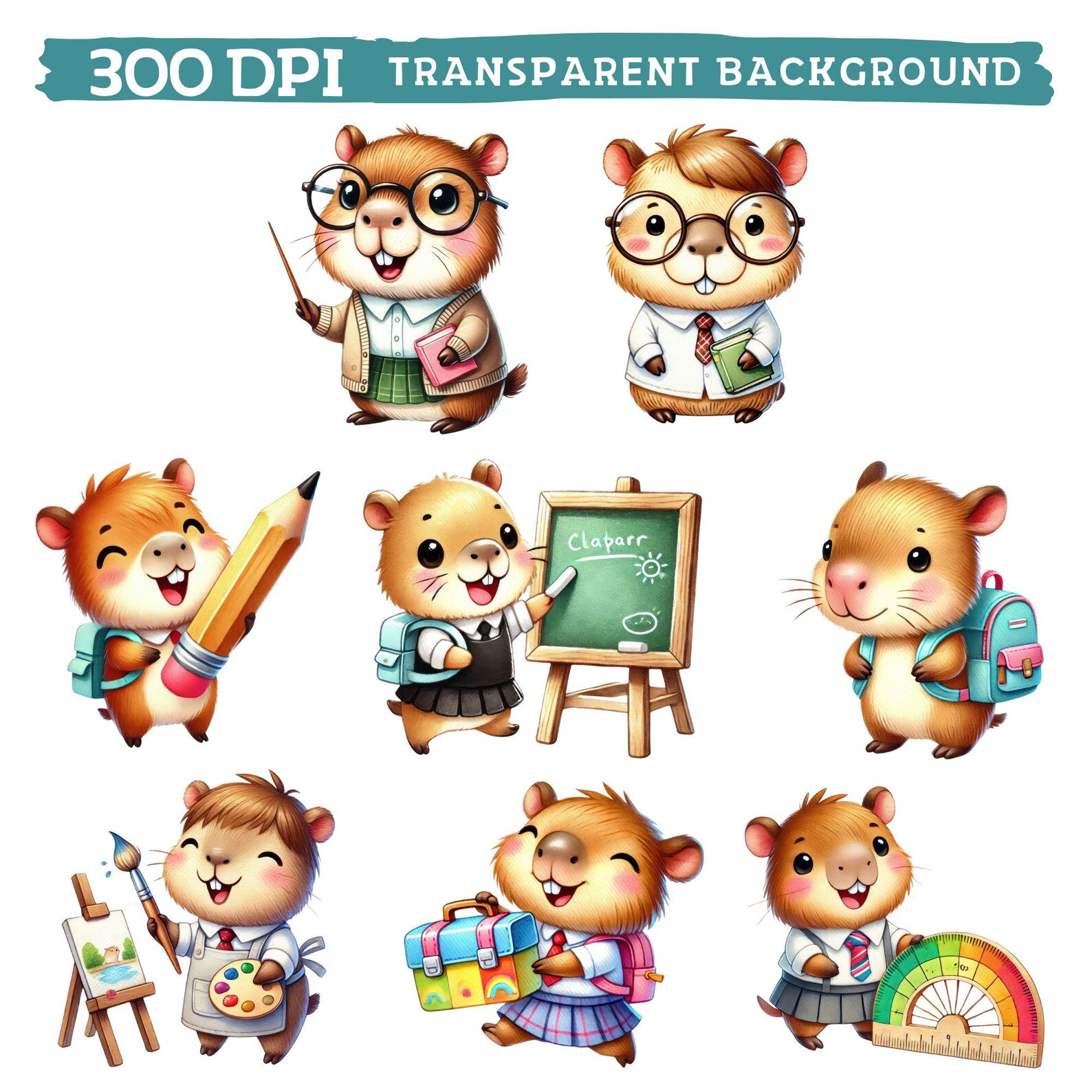 Back to School Capybara Clipart, Watercolor Cute Classroom Nursery ...