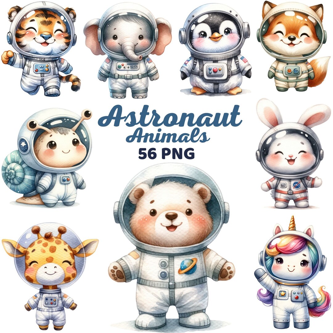Cute Astronaut Animals Clipart, Watercolor Baby Animal Nursery, Fantasy ...
