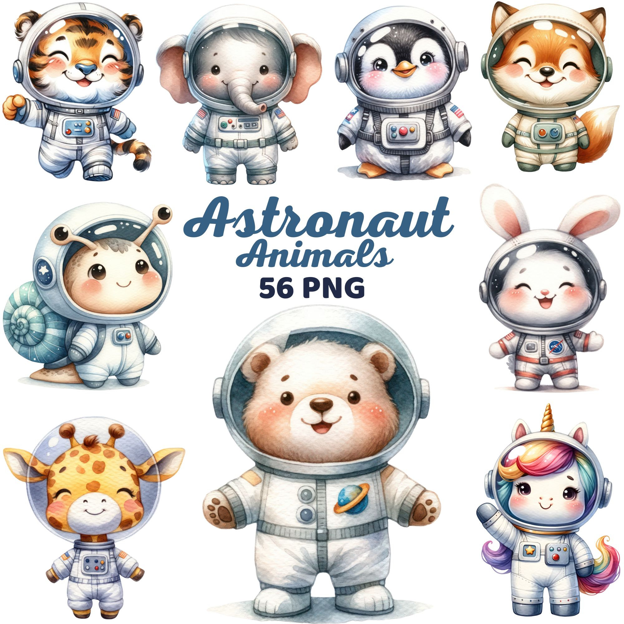 Cute Astronaut Animals Clipart, Watercolor Baby Animal Nursery, Fantasy ...