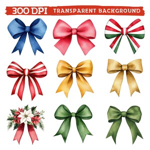 Christmas Coquette Bow Clipart, Watercolor Festive Holiday Bows ...