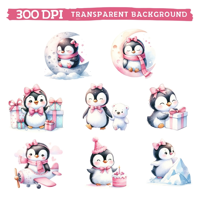Watercolor Cute Penguin Clipart Png, Kawaii Penguin Sleeping on Cloud ...