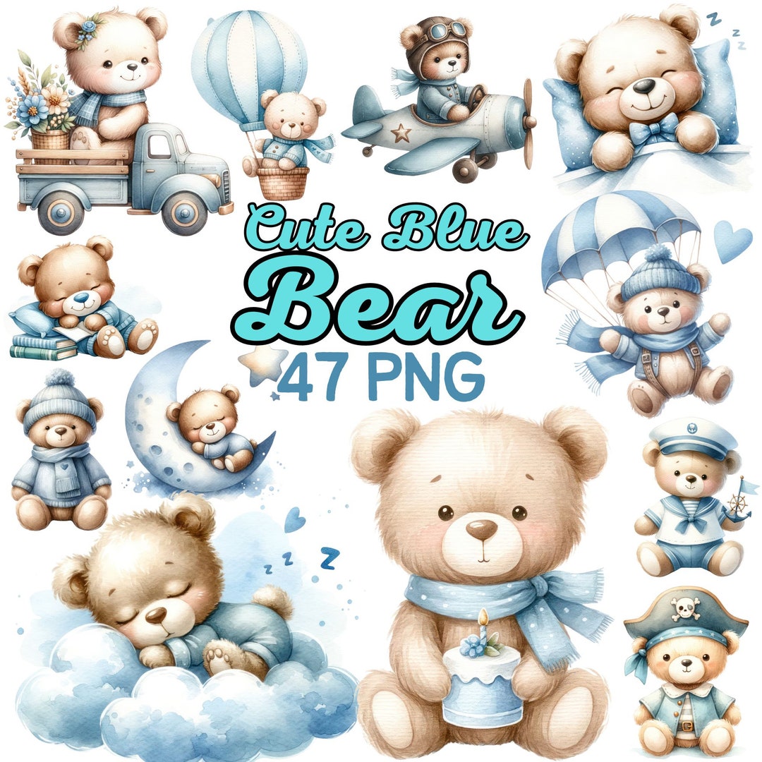 Watercolor Blue Cute Bear Clipart, Baby Boy Birthday Nursery ...