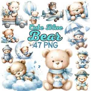 Watercolor Blue Cute Bear Clipart, Baby Boy Birthday Nursery ...