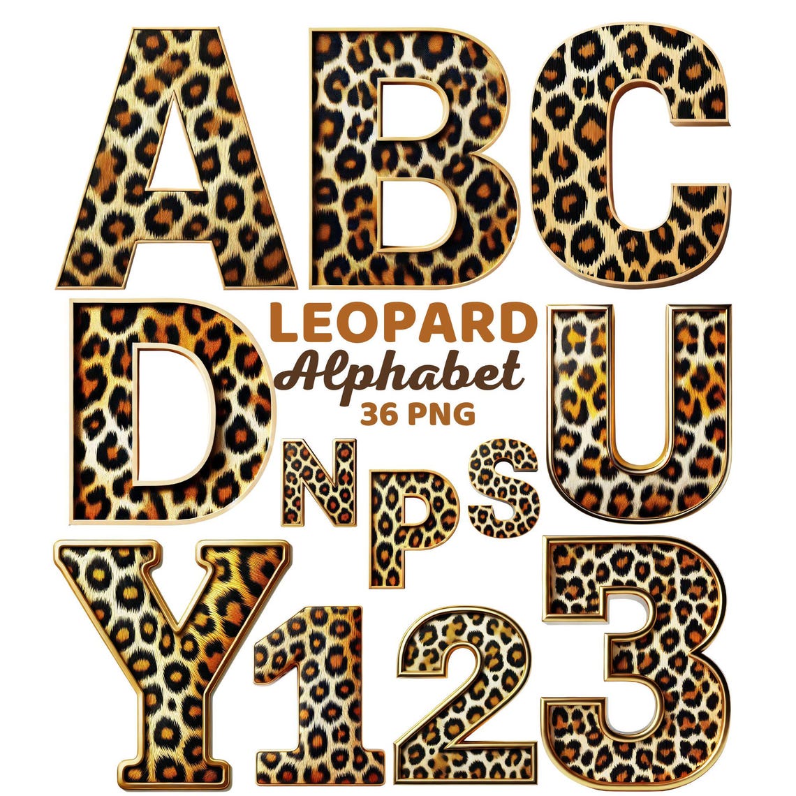 Leopard Alphabet Clipart, Animal Print Cheetah Letters and Numbers PNG ...